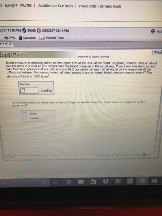 Solved Blood pressure is normally taken on the upper arm at | Chegg.com