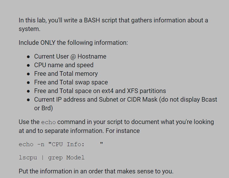 Solved In this lab, you'll write a BASH script that gathers | Chegg.com
