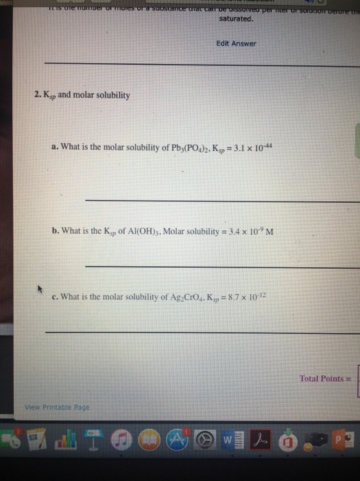 Solved saturated. Edit Answer 2. Ksp and molar solubility a. | Chegg.com