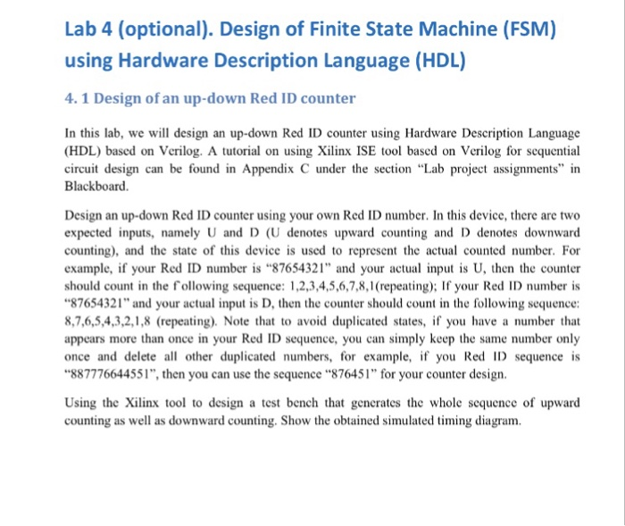 Lab 4 (optional). Design of Finite State Machine | Chegg.com