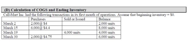 Solved (D) Calculation of COGS and Ending Inventory | Chegg.com