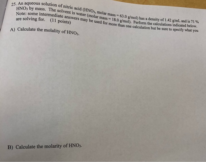 Solved 25. An aqueous solution of nitric acid (HNO3, molar | Chegg.com