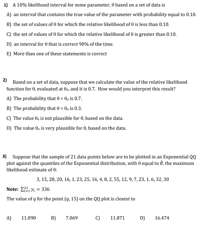 Solved 1) A 10% likelihood interval for some parameter, | Chegg.com