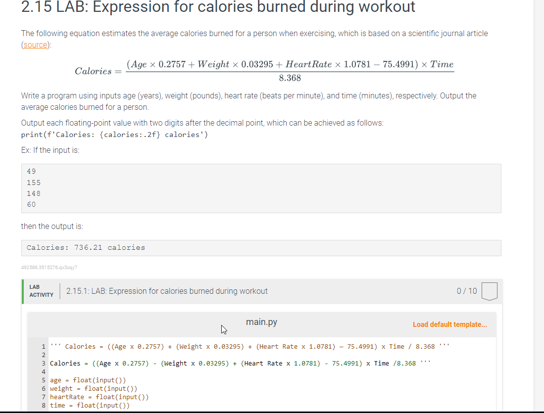 Solved 2.15 Lab: Expression For Calories Burned During 