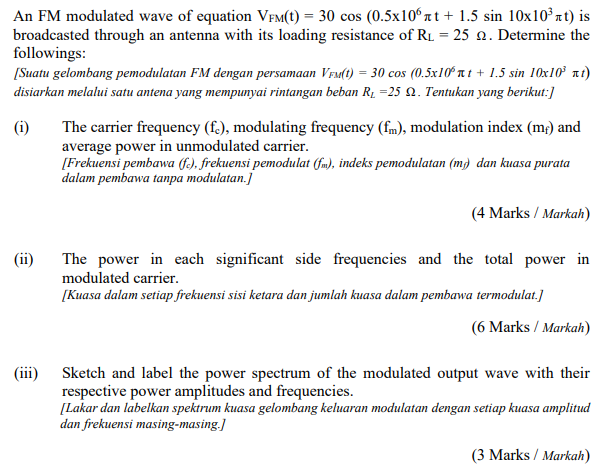 An FM modulated wave of equation Vim(t) = 30 cos | Chegg.com