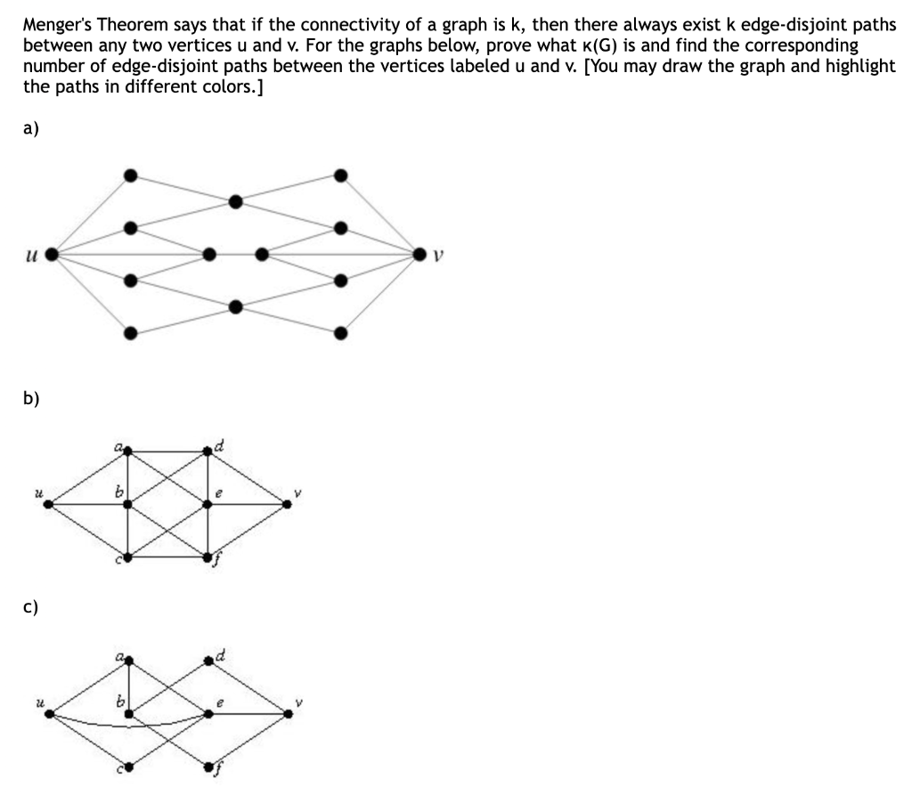 Menger's Theorem says that if the connectivity of a | Chegg.com