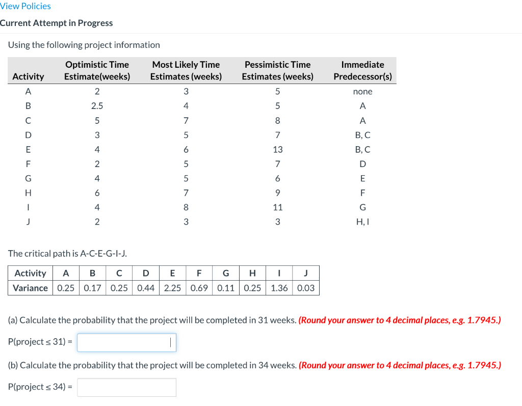 Solved Calculate the probability that the project will be | Chegg.com