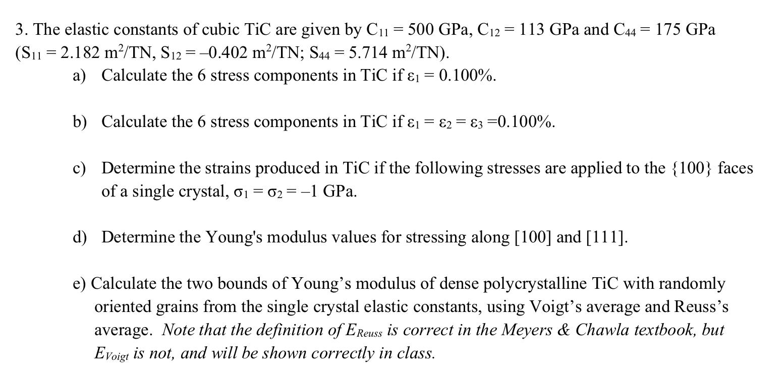 Solved 3. The elastic constants of cubic TiC are given by | Chegg.com