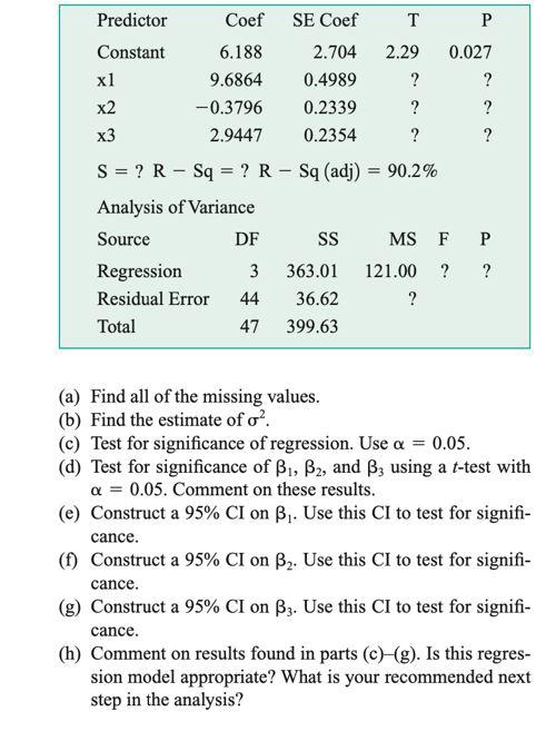 Solved SE Coef T P Predictor Constant 2.29 xl Coef 6.188 | Chegg.com