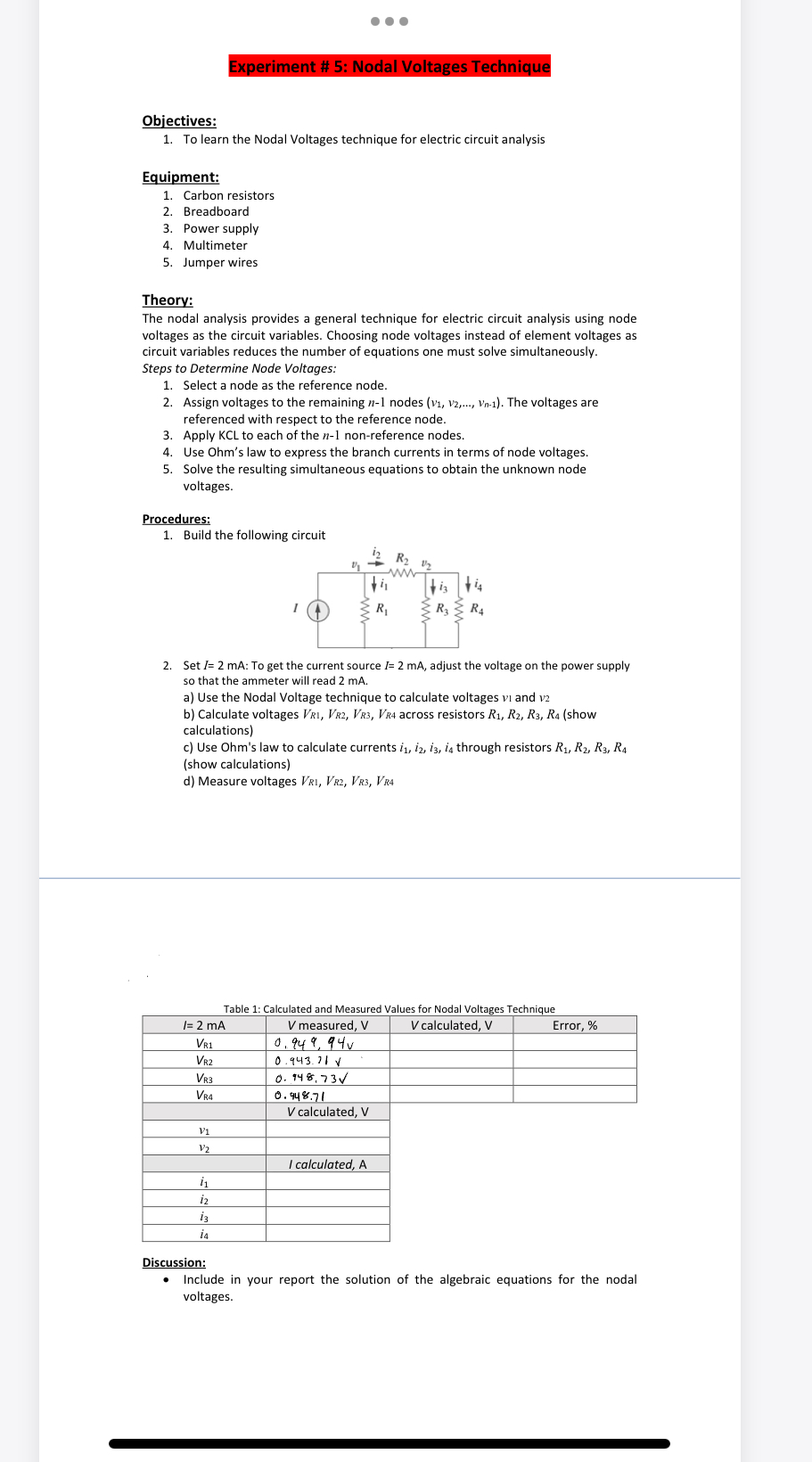 Experiment # 5: Nodal Voltages TechniqueObjectives:To | Chegg.com