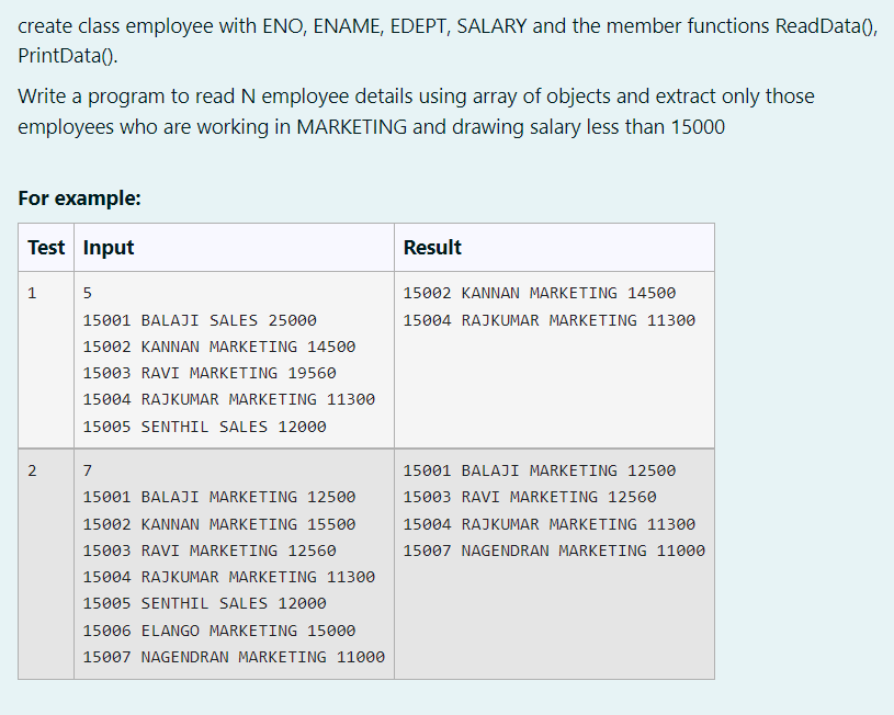 Solved create class employee with ENO, ENAME, EDEPT, SALARY | Chegg.com
