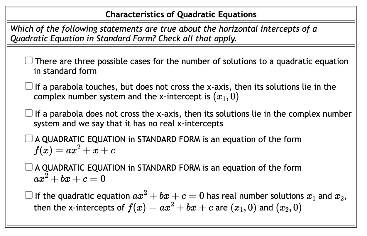 Solved Characteristics of Quadratic Equations Which of the | Chegg.com