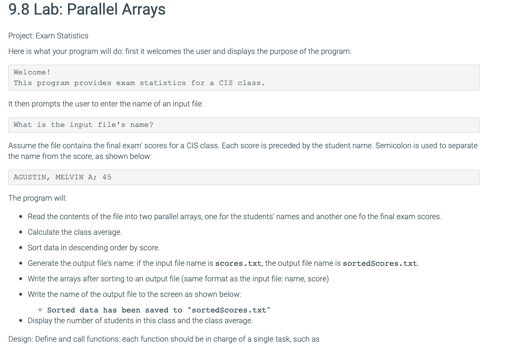 Solved 9.8 Lab: Parallel Arrays Project: Exam Statistics | Chegg.com Solved 9.8 Lab: Parallel Arrays Project: Exam Statistics | Chegg.com