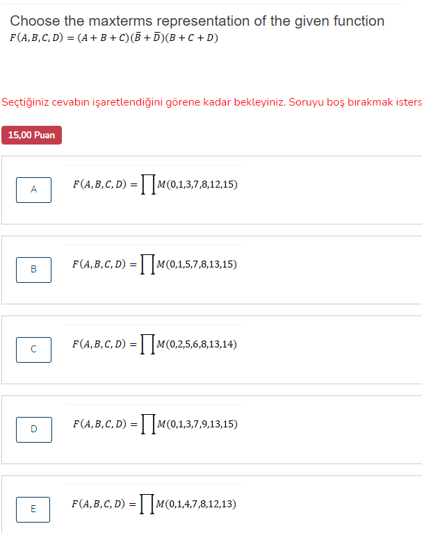 Solved Choose the maxterms representation of the given | Chegg.com