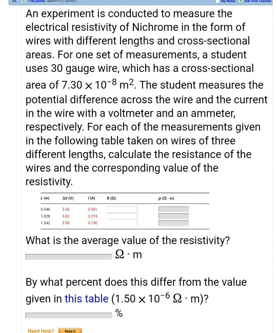 Solved An experiment is conducted to measure the electrical | Chegg.com