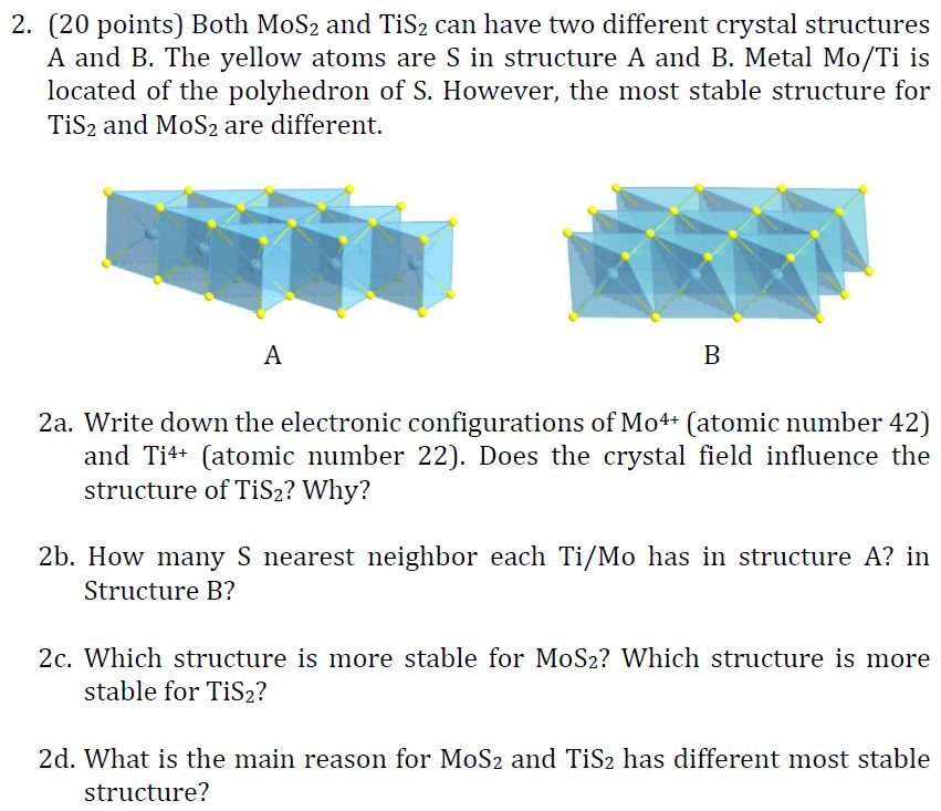 Solved 2. (20 points) Both MoS2 and TiS2 can have two | Chegg.com