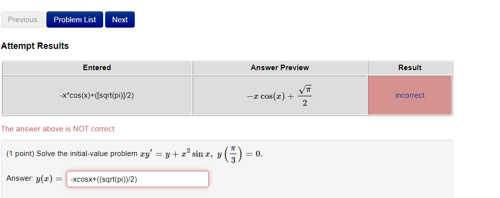 Solved Previous Problem List Next Attempt Results Entered | Chegg.com
