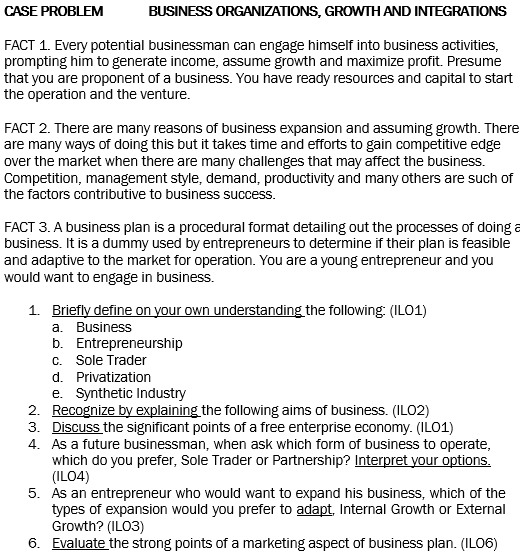 Solved CASE PROBLEM BUSINESS ORGANIZATIONS, GROWTH AND | Chegg.com