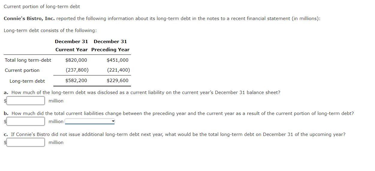 Solved Current portion of long-term debt Connie's Bistro, | Chegg.com