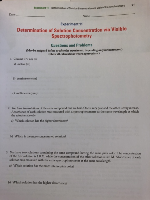 Solved Experiment 11 Determination of Solution Concentration | Chegg.com