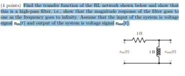 Solved (4 points) Find the transfer function of the RL | Chegg.com