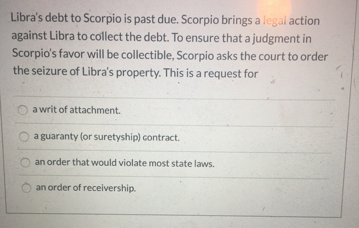 Solved Libra's debt to Scorpio is past due. Scorpio brings a | Chegg.com