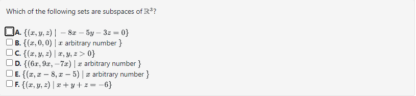 Solved Which of the following sets are subspaces of R3 ? A. | Chegg.com