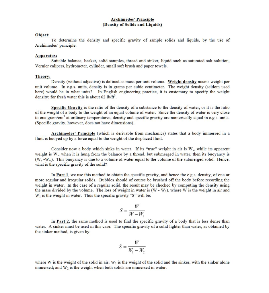 Solved Archimedes' Principle (Density of Solids and Liquids) | Chegg.com