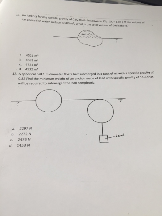 Solved 11. An iceberg having specific gravity of 0.92 floats | Chegg.com