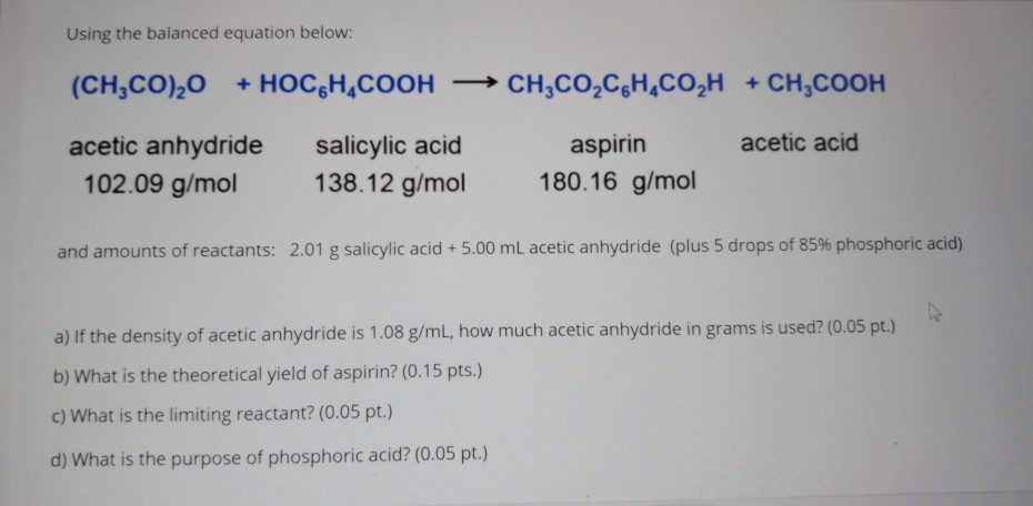 Salicylic Acid And Acetic Anhydride Balanced Equation