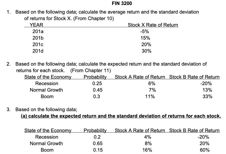 Solved FIN 3200 1. Based on the following data; calculate | Chegg.com