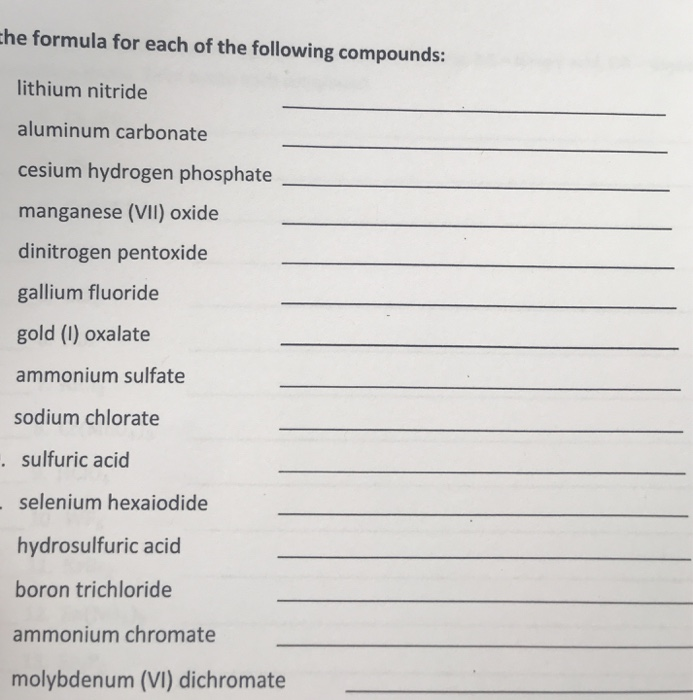 Solved he formula for each of the following compounds: | Chegg.com
