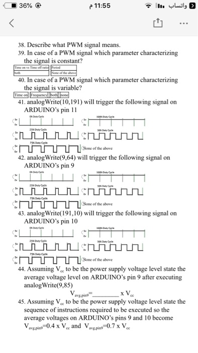 Solved n 8 واتساب 36% 11:55 38. Describe what PWM signal | Chegg.com