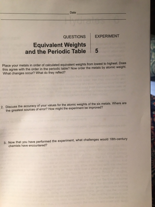 Equivalent Weights and the Periodic Table Place your | Chegg.com