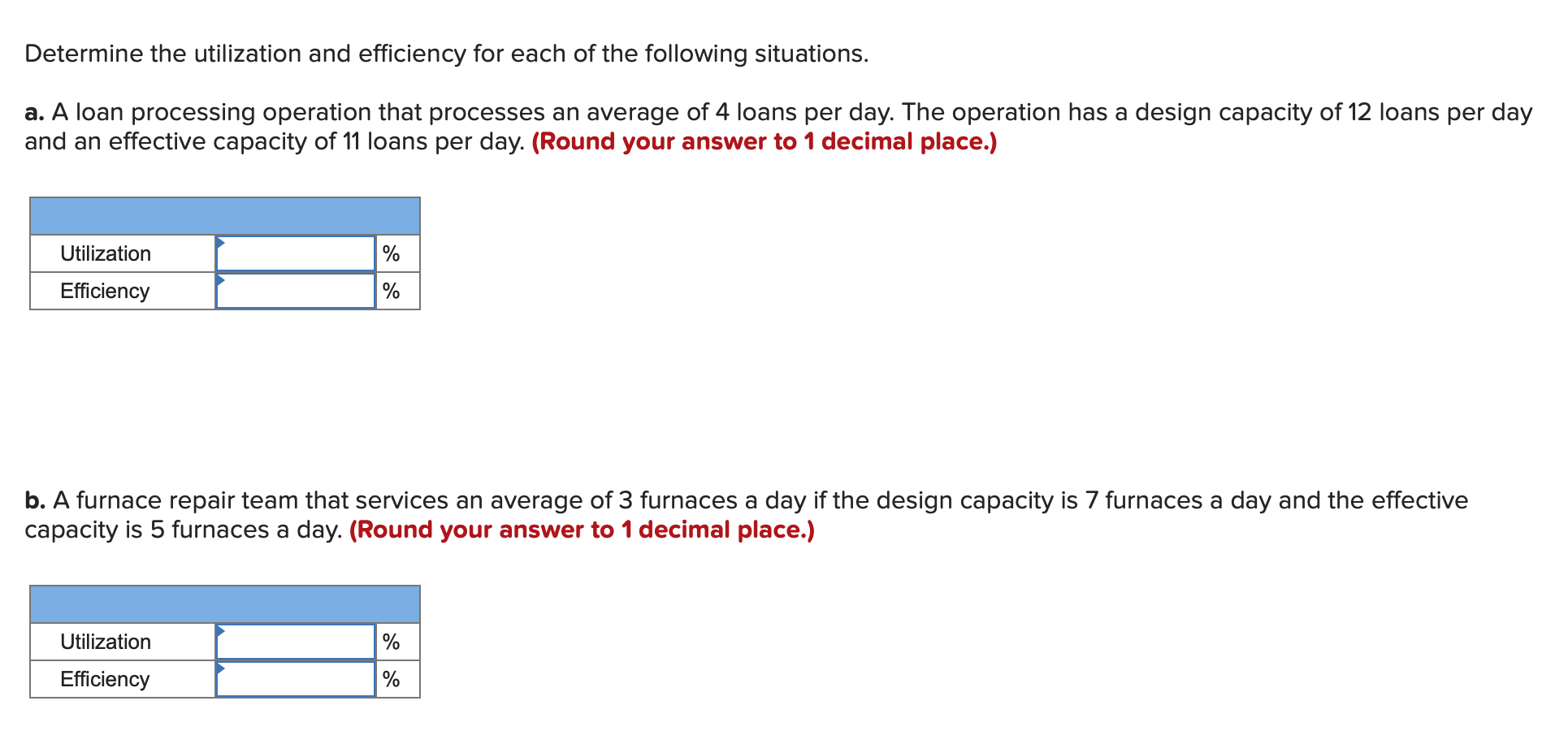 Solved Determine the utilization and efficiency for each of | Chegg.com