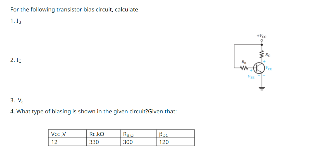 Solved For the following transistor bias circuit, | Chegg.com