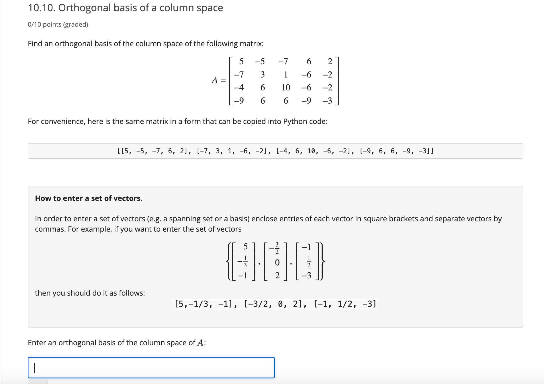 Solved 10.10. ﻿Orthogonal basis of a column space010 ﻿points | Chegg.com