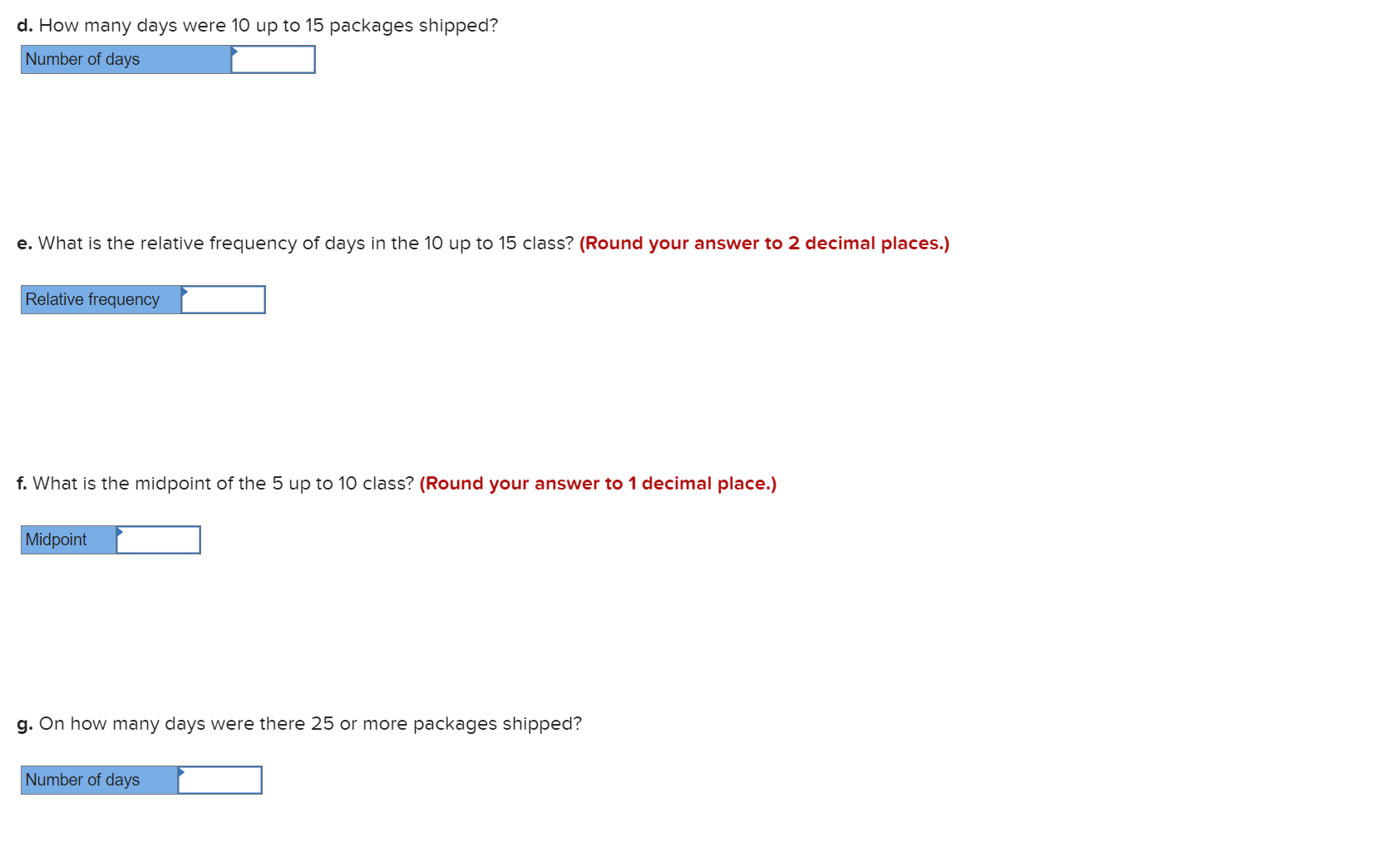 Solved d. How many days were 10 up to 15 packages shipped? | Chegg.com
