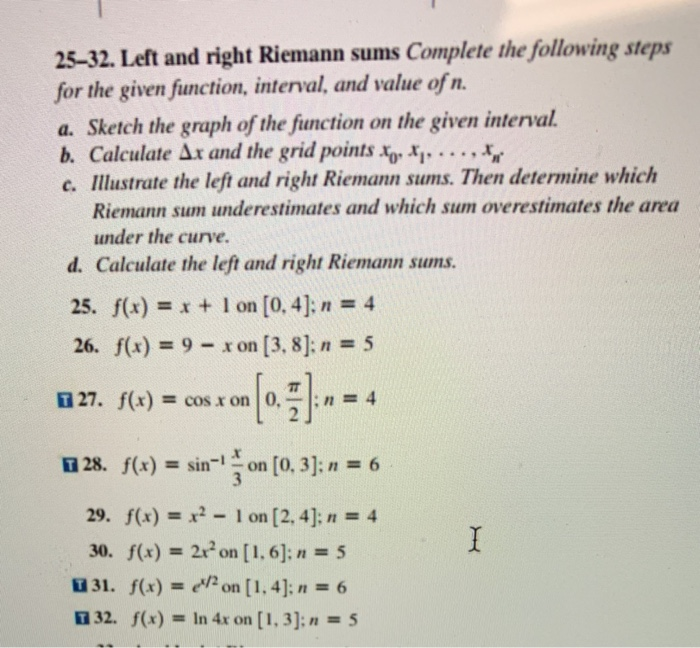 Solved 25-32. Left and right Riemann sums Complete the | Chegg.com