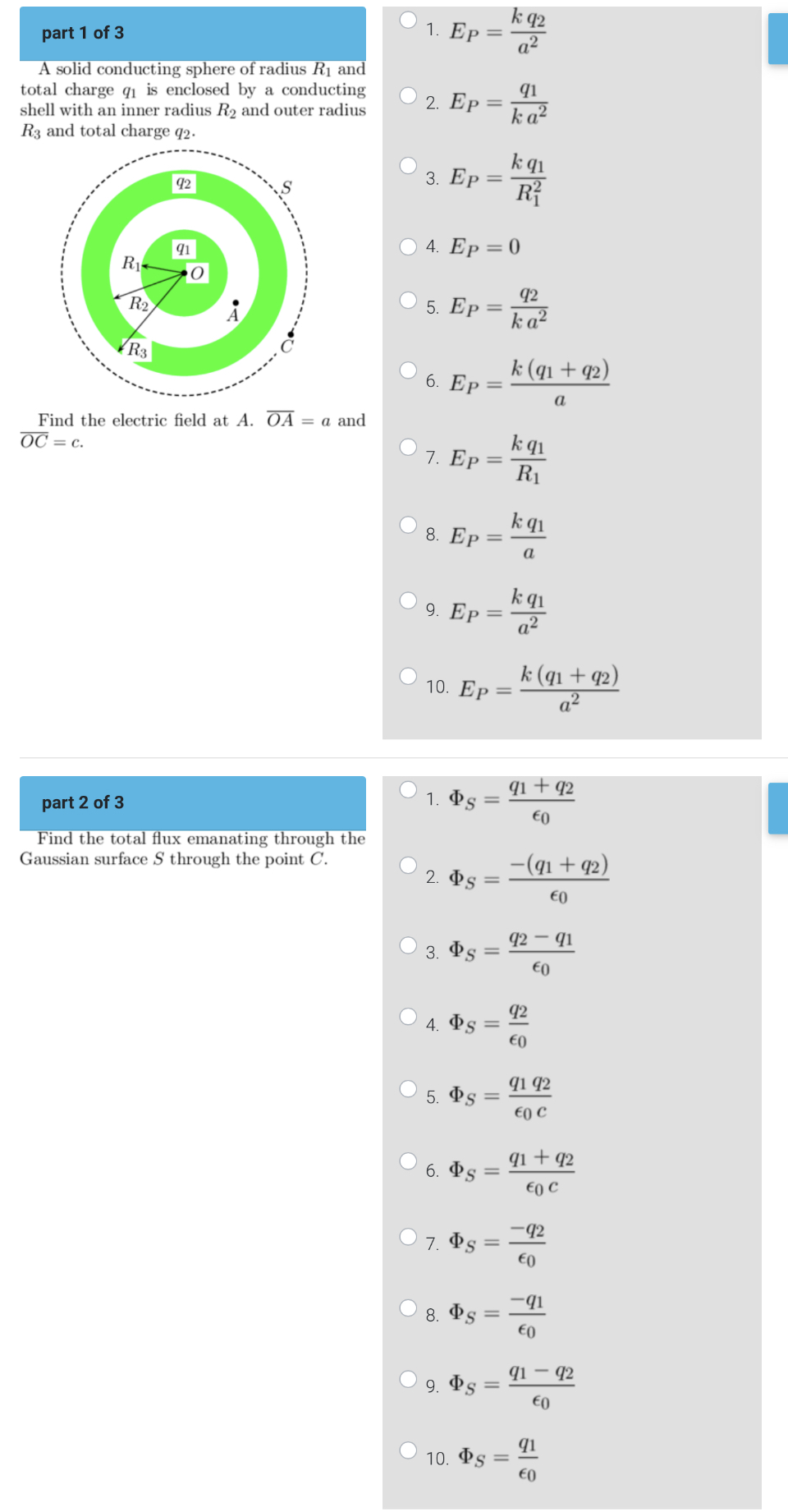 Solved part 1 of 3 A solid conducting sphere of radius R1 | Chegg.com