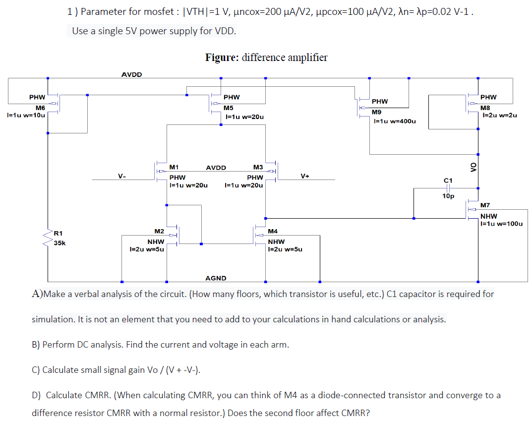 1) Parameter for mosfet : VTHI=1 V, uncox=200 A/V2, | Chegg.com