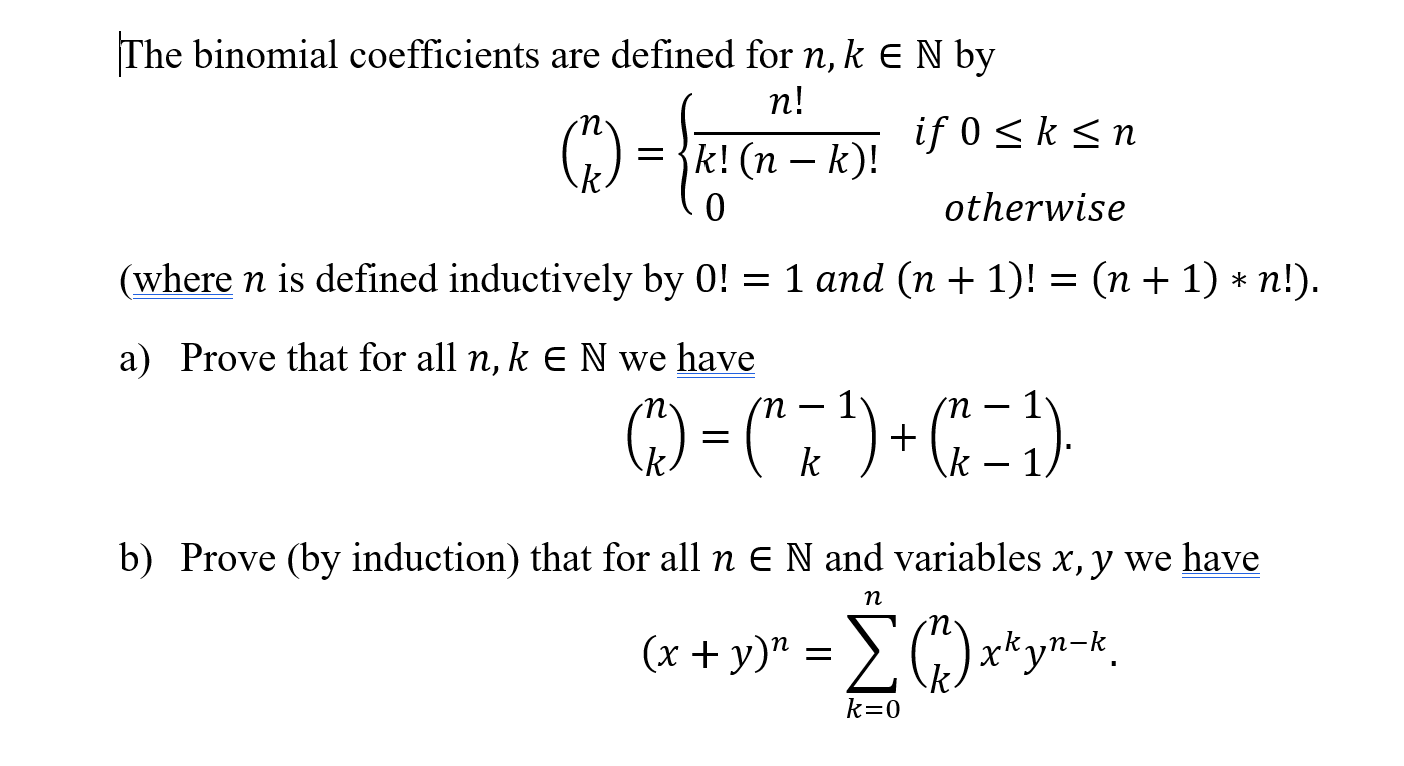 Solved The binomial coefficients are defined for n,k∈N by | Chegg.com