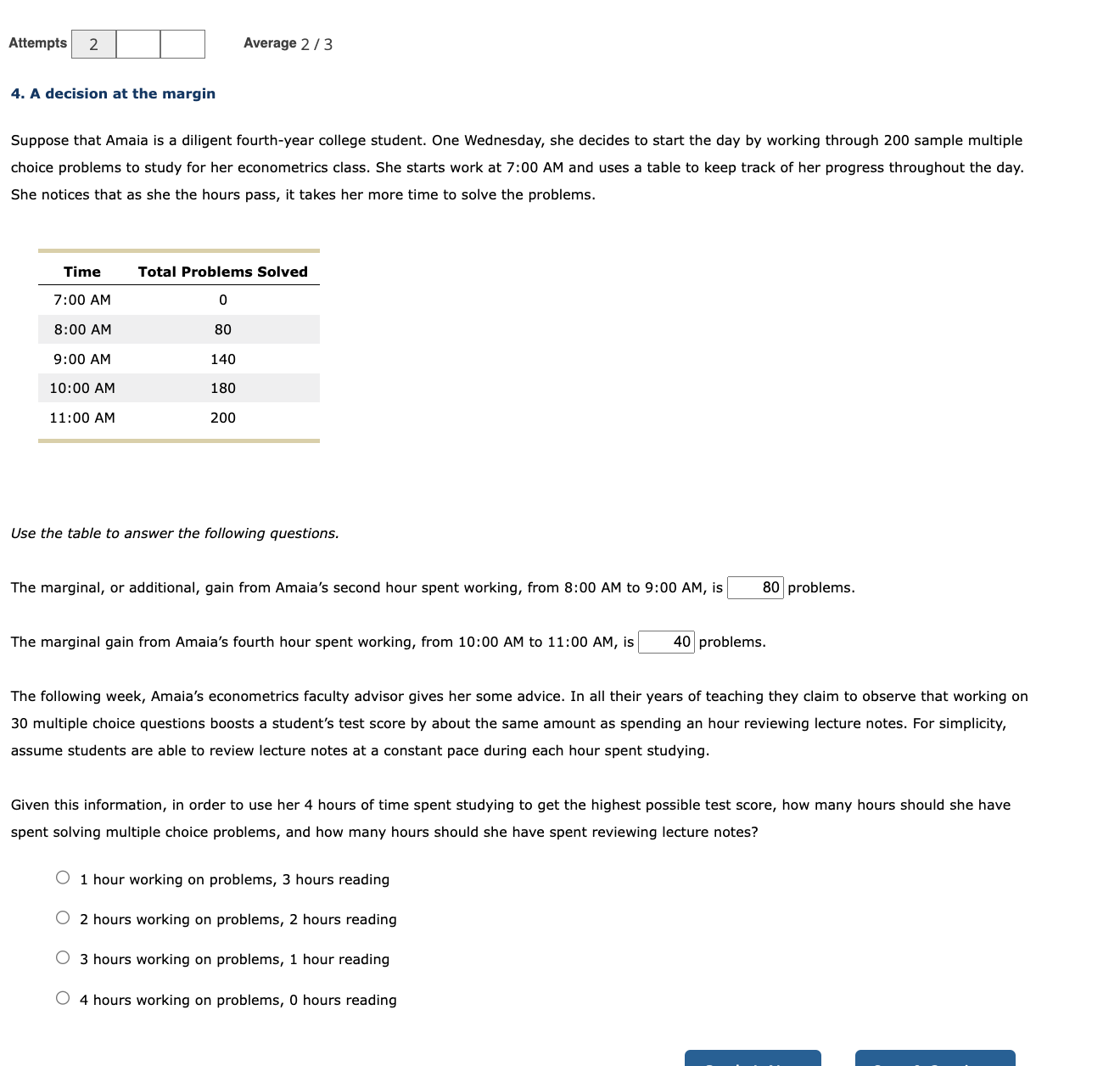 Solved Attempts Average 2/3 4. A decision at the margin | Chegg.com
