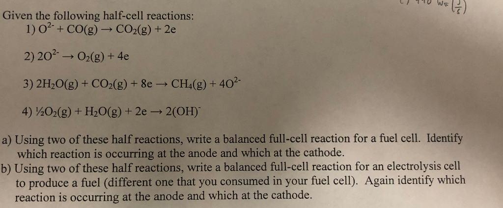 Solved Given the following half-cell reactions: 1) O2+ CO(g) | Chegg.com