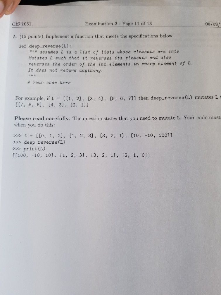Solved Examination 2- Page 11 of 13 CIS 1051 08/08/ 5. (15 | Chegg.com