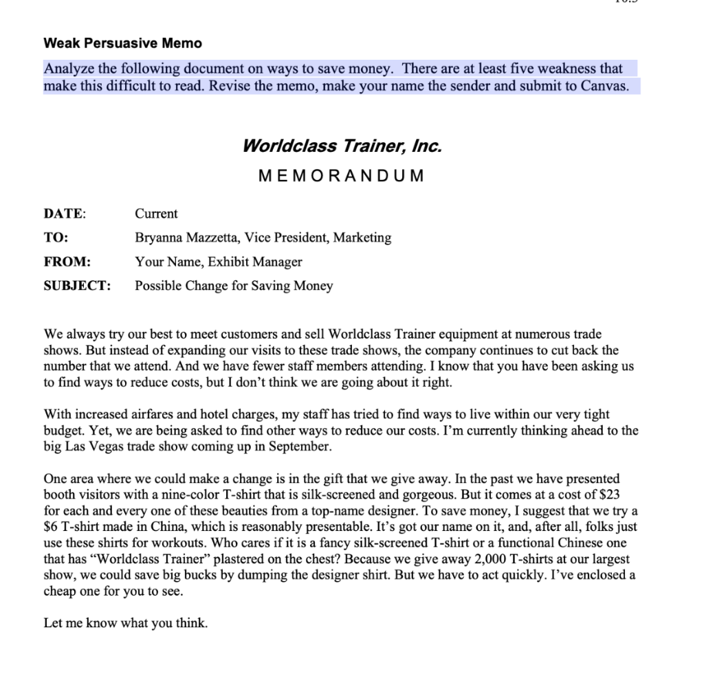 Solved Weak Persuasive Memo Analyze the following document | Chegg.com