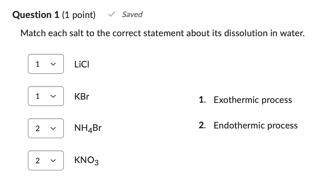 Solved Question 1 (1 ﻿point)Match each salt to ﻿the correct | Chegg.com