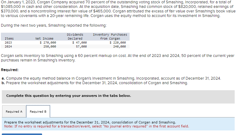 Solved On January 1, 2023, ﻿Corgan Company acquired 70 | Chegg.com