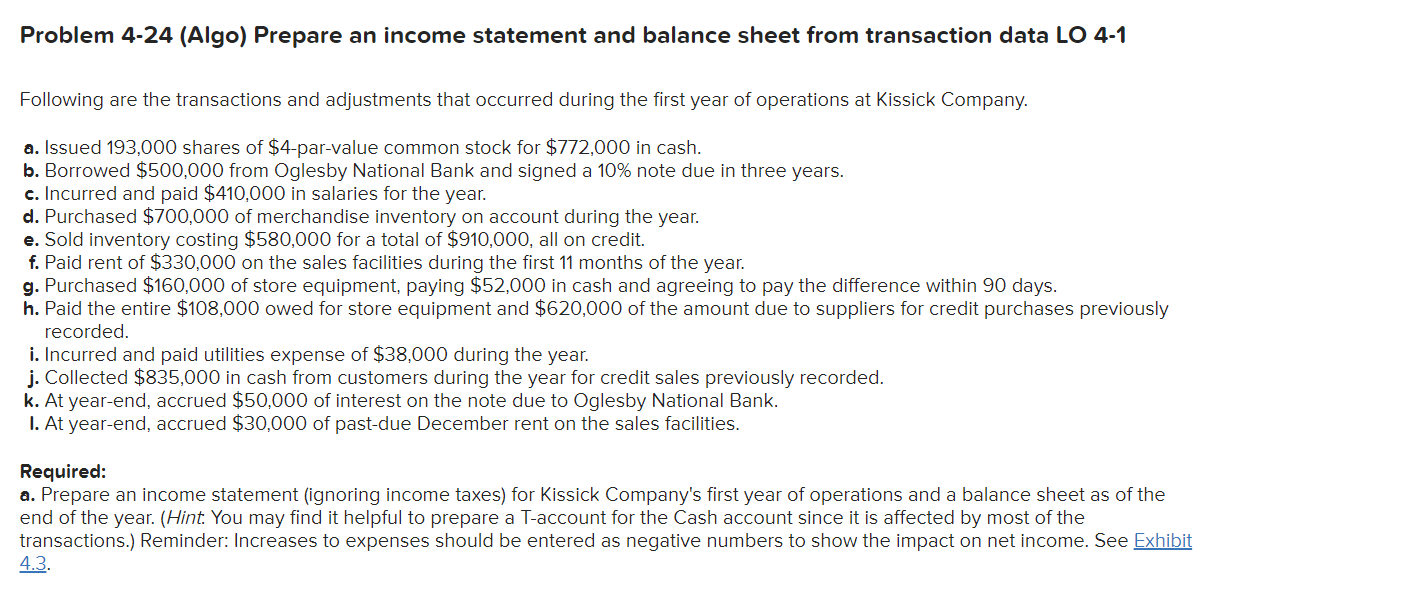 Solved Problem 4-24 (Algo) Prepare an income statement and | Chegg.com