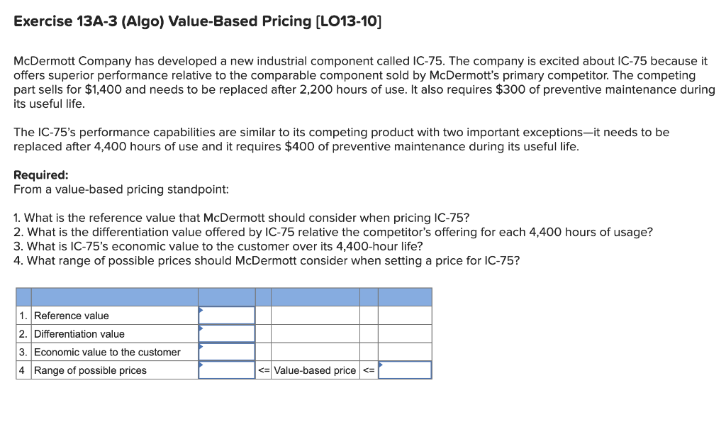 Solved Exercise 13A-3 (Algo) Value-Based Pricing (LO13-10] | Chegg.com